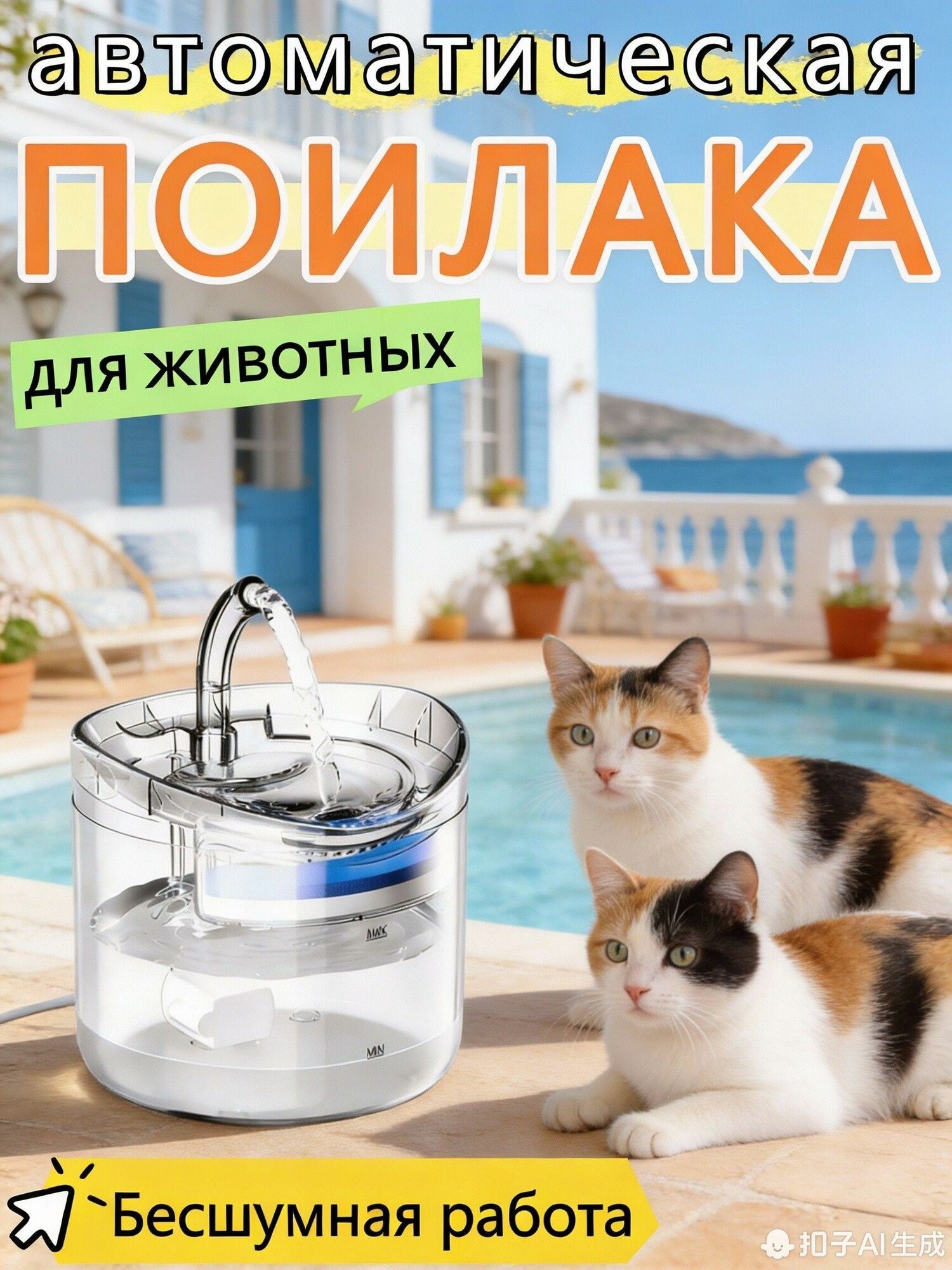 Поилка-фонтан, для кошек, собак, грызунов, пластик, бесшумная, белая