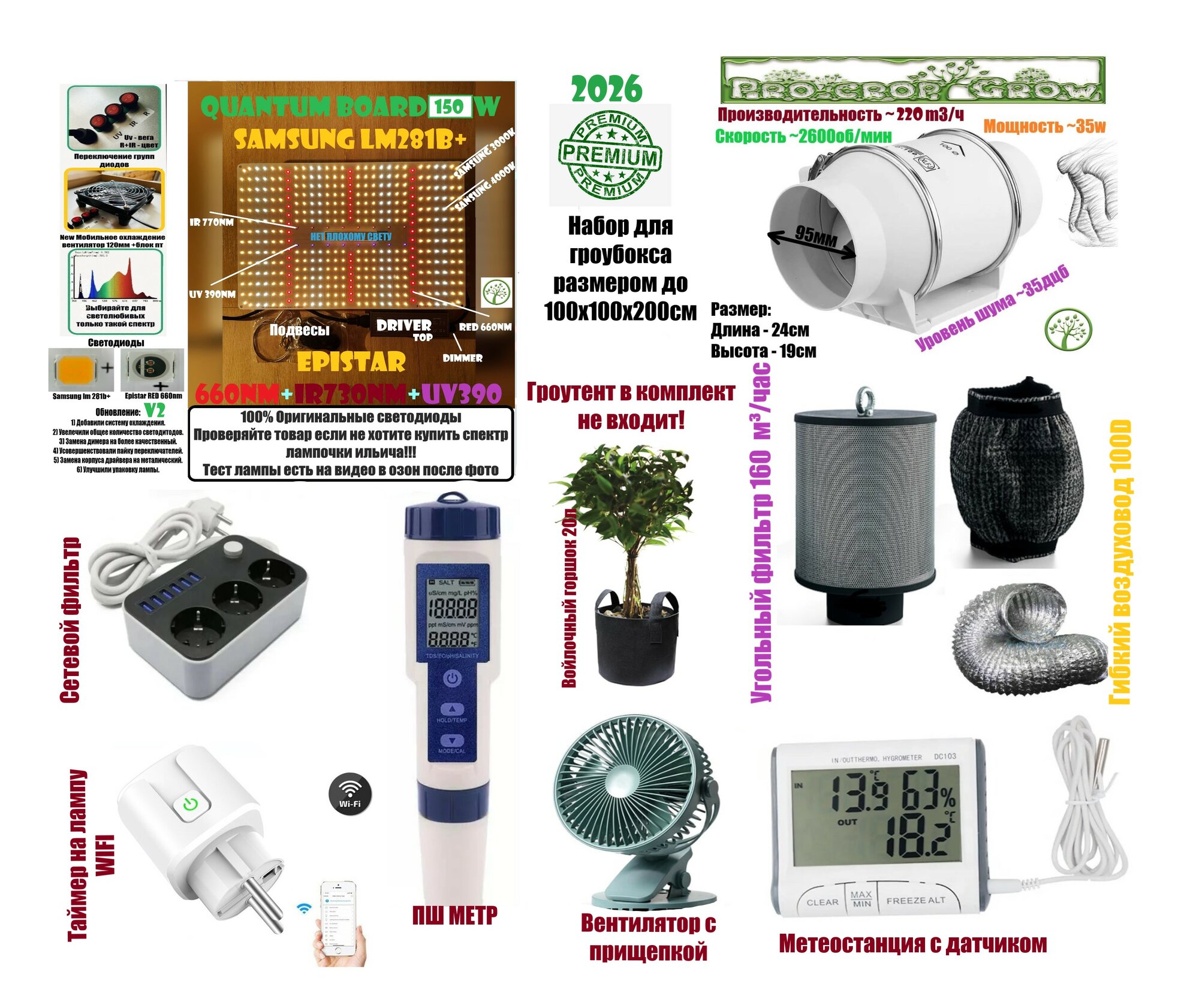 Набор комплект Гроубокс гроутент под ключ квантум борд 150 240 quantum board фитолампа полного спектра grow box