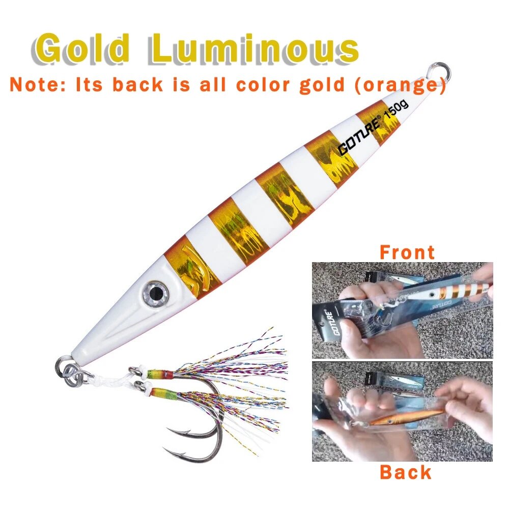 Светящаяся быстро тонущая приманка Goture для отсадки, 80 г, 100 г, 150 г, 200 г, 300 г, приманка для троллинга в морской воде, ложка с двойным вспомогательным крючком
