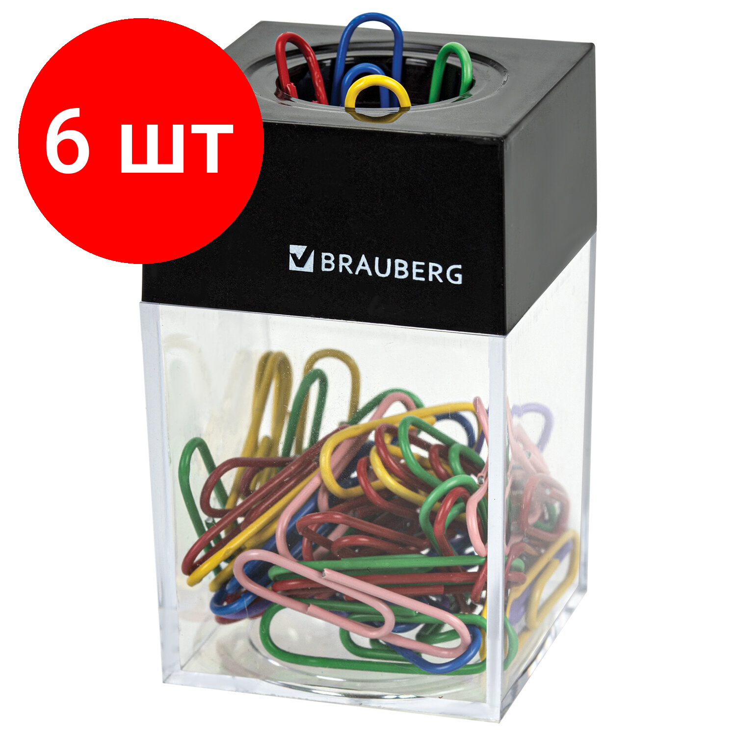 Комплект 6 шт, Скрепочница магнитная с 50 цветными скрепками 28 мм, BRAUBERG, 271178, ДМ-28П-50