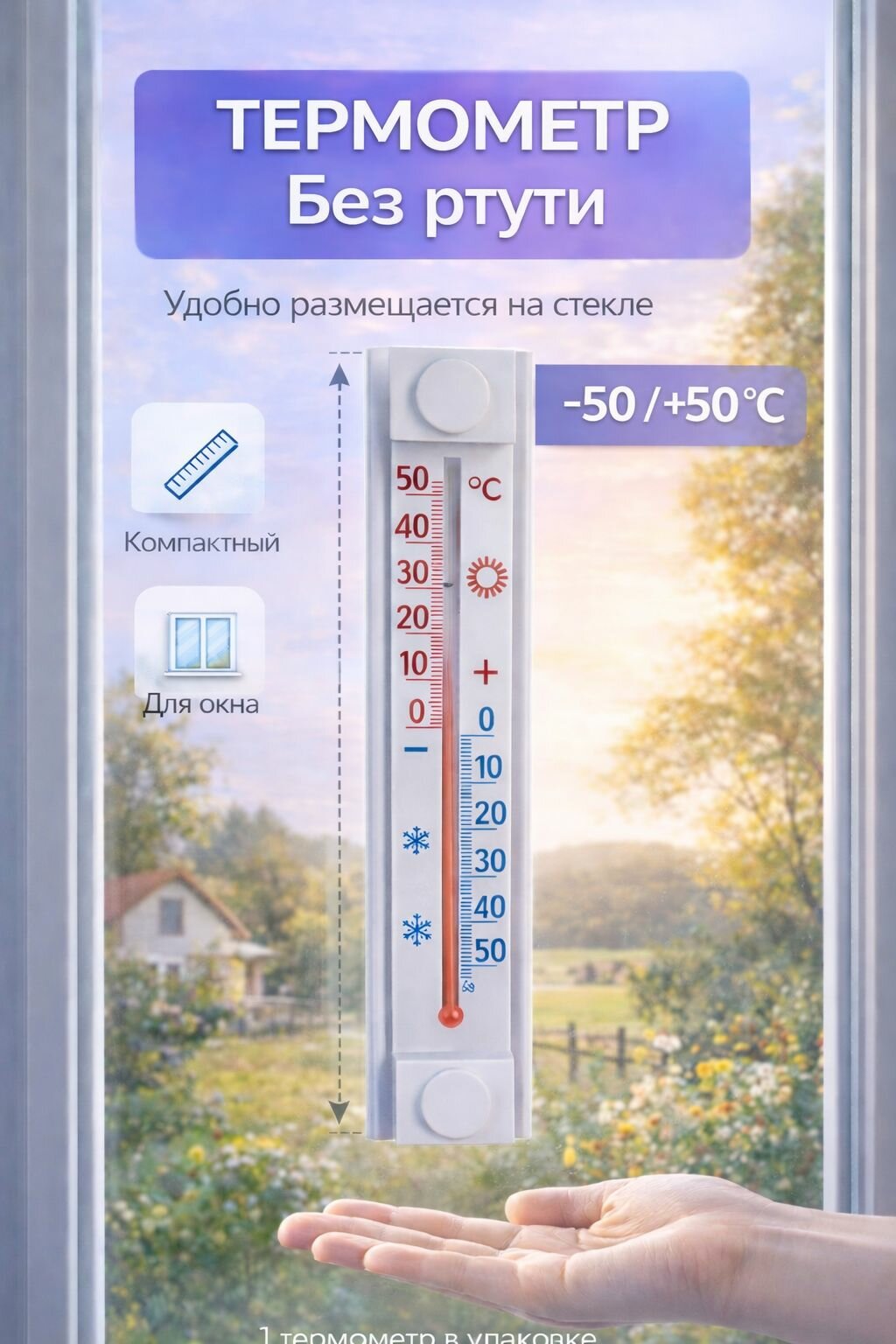 Оконный бытовой термометр, -50/+50 C, без ртути, присоски/наклейка на стекло для квартиры и дачи