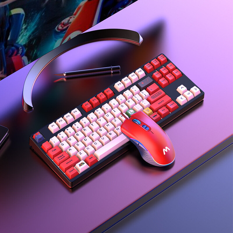 Комплект игровой механической клавиатуры и мыши 87/104 клавиш проводной для офиса и игр для девушек PBT Пикачу Марио