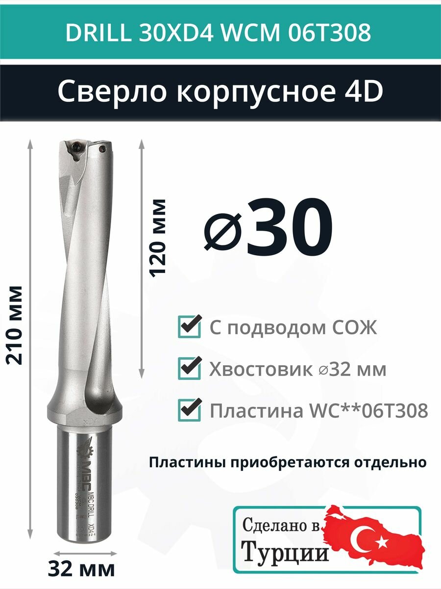 DRILL 30XD4 WCM 06T308 сверло корпусное - 30 мм / пластина WCMT 06T308; WCMX 06T308