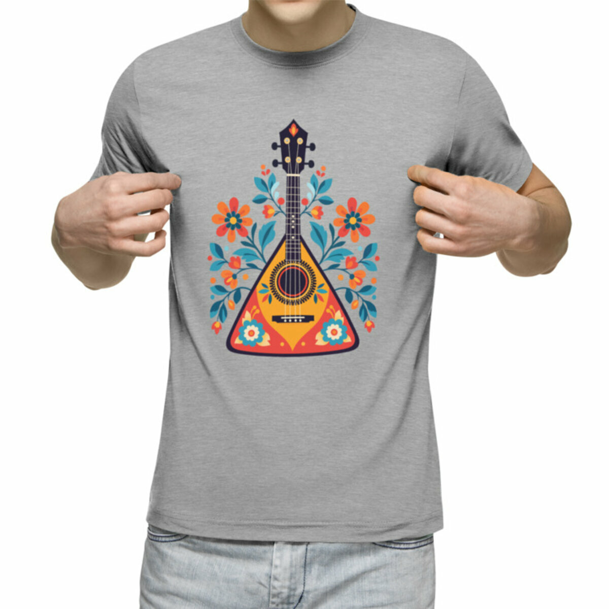 Мужская футболка «Балалайка , украшенная цветами» (серый меланж, 2XL)