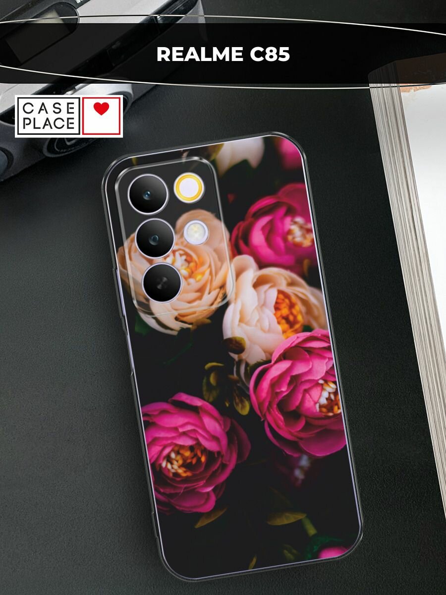 Чехол на Realme C85 / Реалми C85 с принтом Розовые пионы на черном