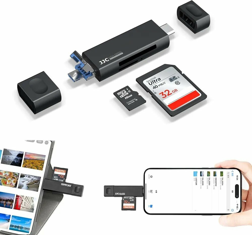 Кардридер JJC с 2 слотами для карт SD и MicroSD/TF, 3 порта USB 3.0, Micro USB 2.0 и USB-C, поддержка до 1ТБ, алюминиевый корпус для SD, SDHC, SDXC, Micro SD и UHS-I карт памяти (Черный)