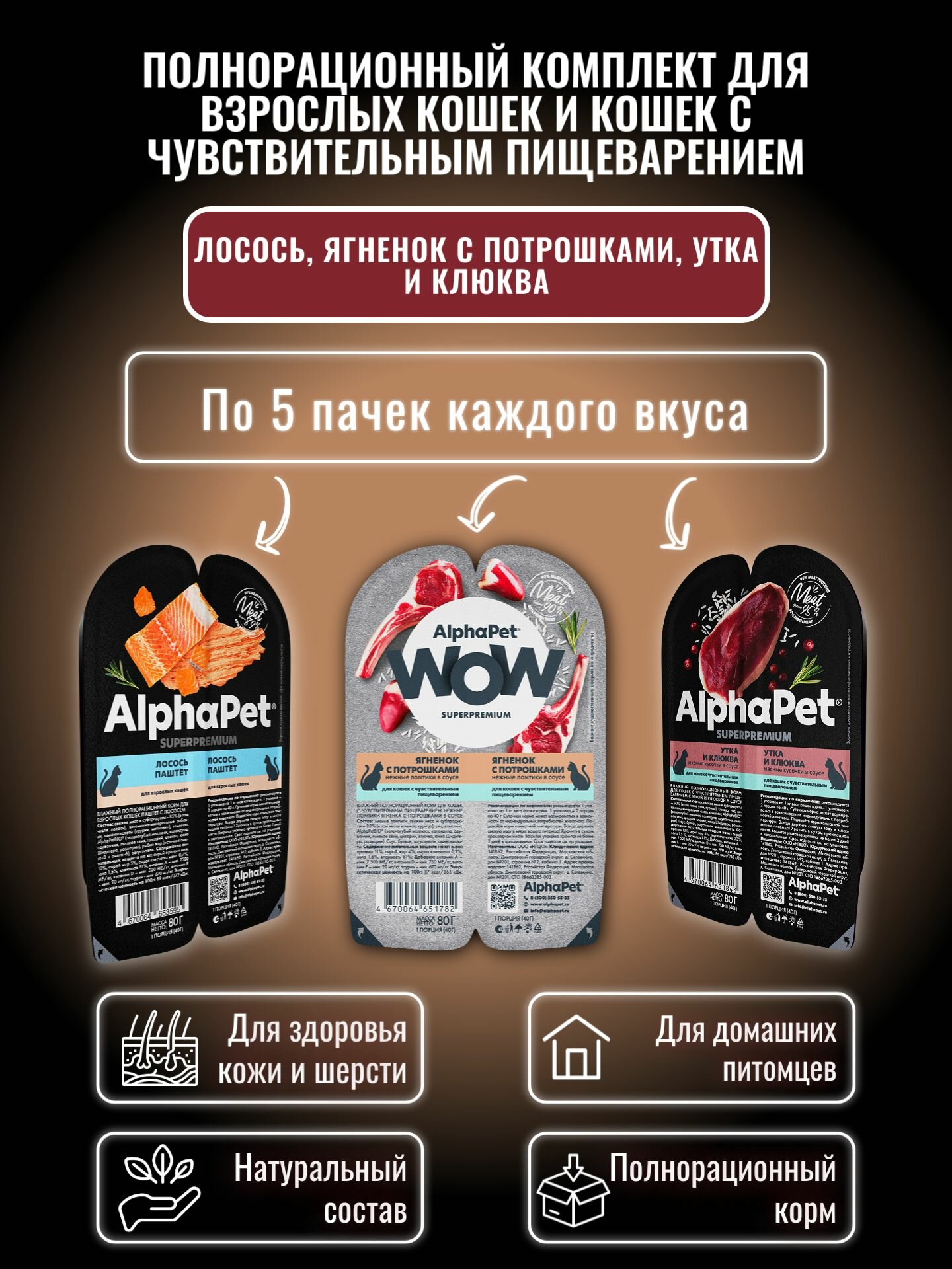 AlphaPet Superpremium / Комплект для взрослых кошек и котов и кошек с чувствительным пищеварением, 3 вкуса (Лосось, Утка, Ягнёнок), 15 шт