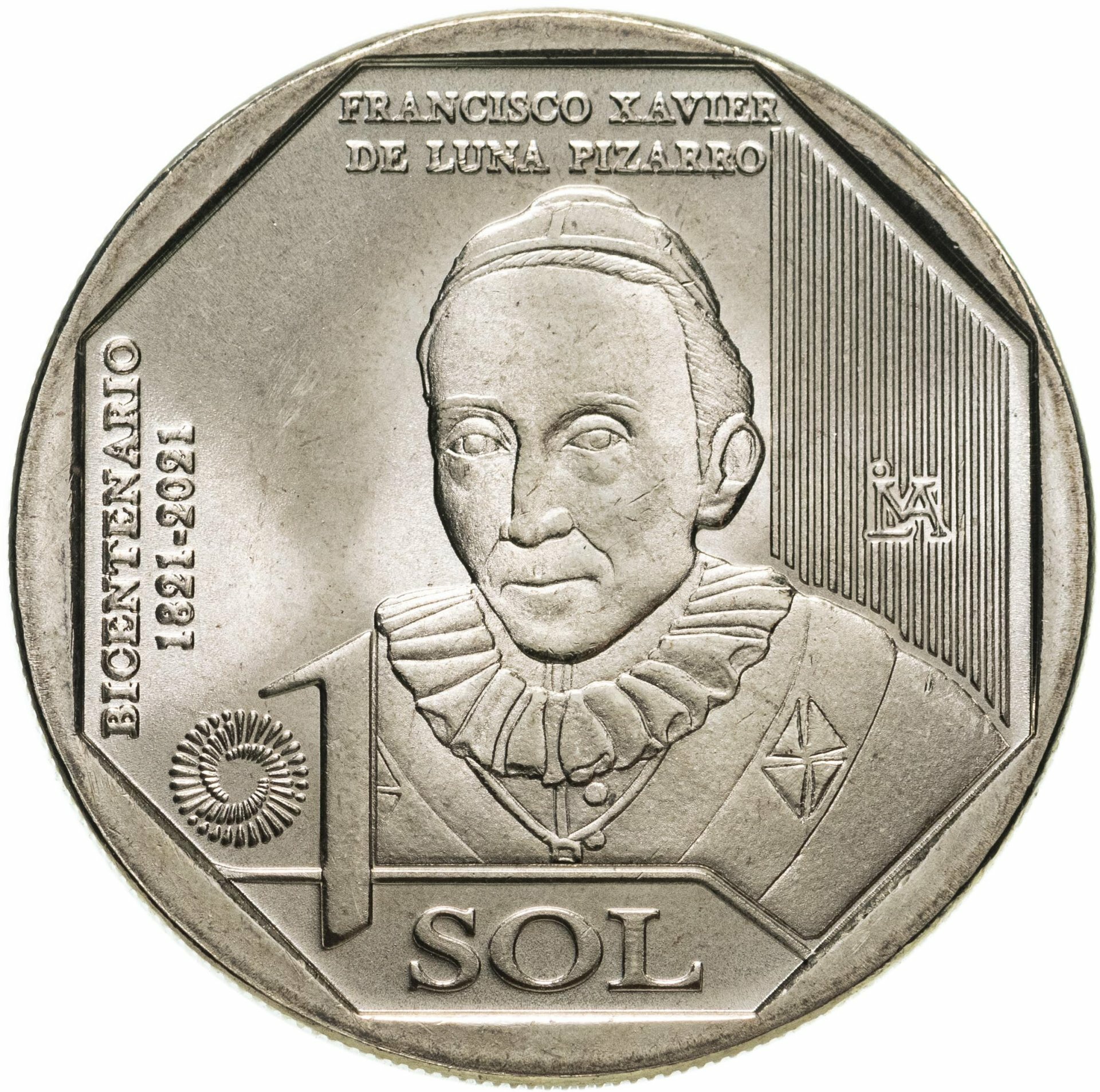 Перу 1 соль sol 2023 "200 лет Независимости - Франсиско Хавьер де Луна Писарро", МНЦ медь-никель-цинк, в сохранности UNC