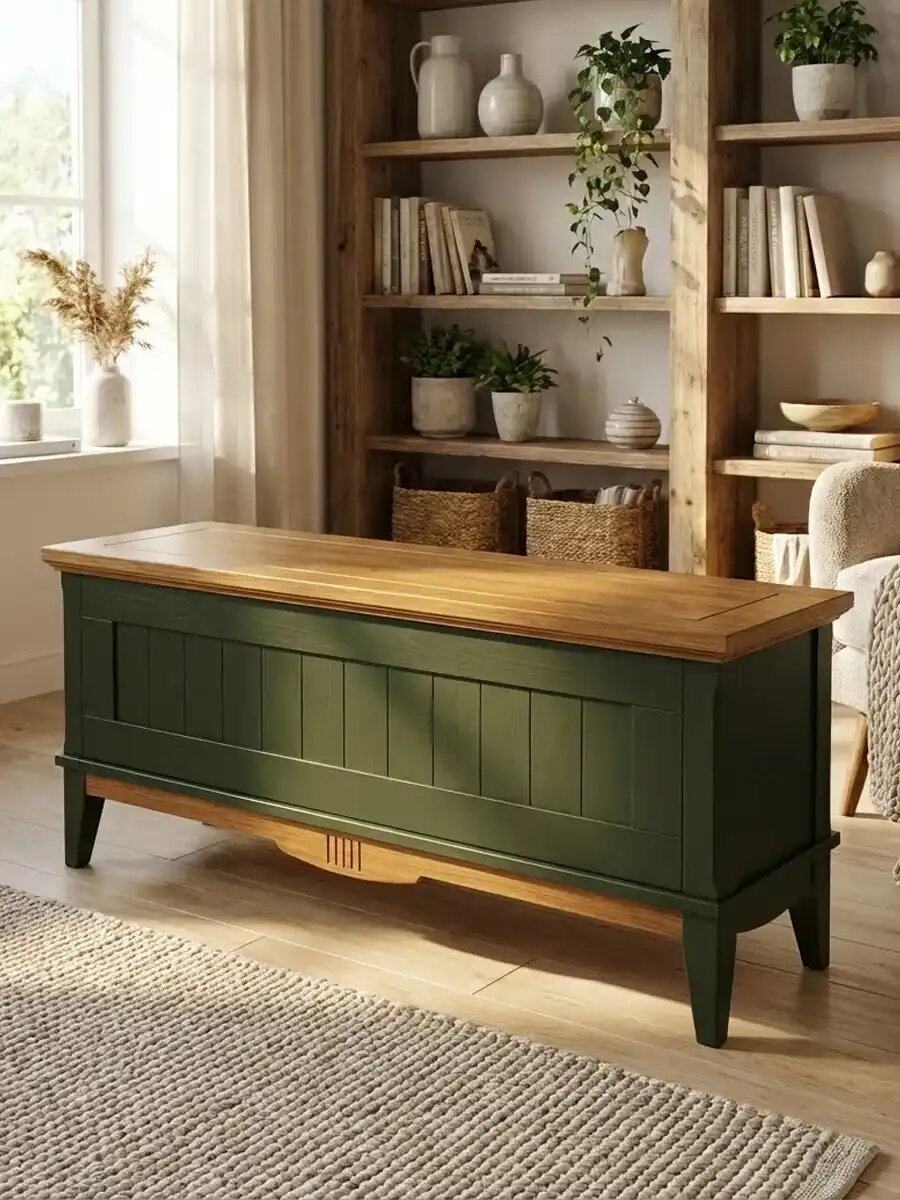 Тумба (сундук) V2 1360х350х500 Пенни из массива сосны изумруд 6020/антик 24