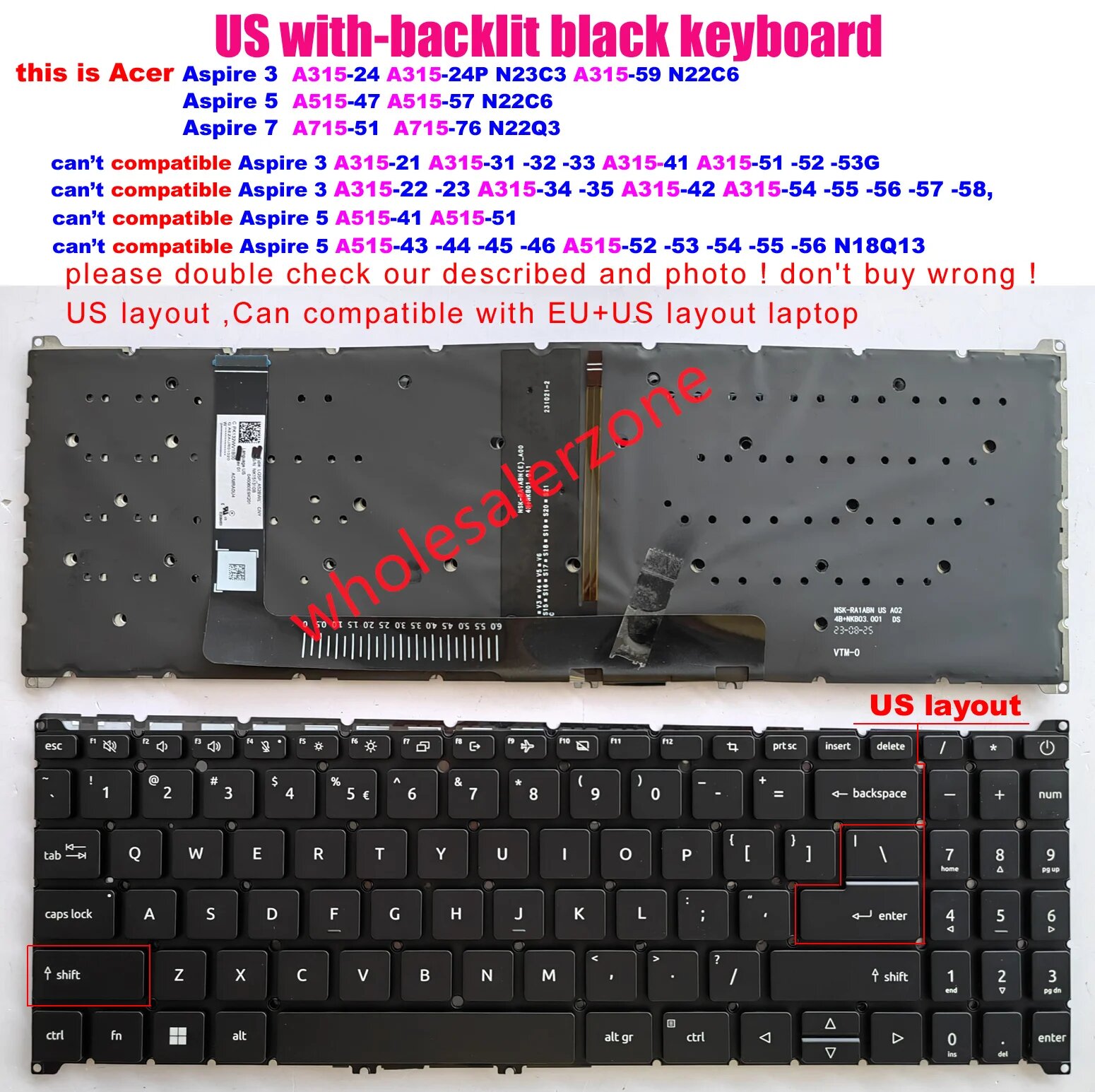 Клавиатура США для ноутбука серии Aspire 7 A715-51G A715-52 A715-78 A715-76 A715-76G N22Q3 Nitro V15 ANV15-41 ANV15-51 N23Q22