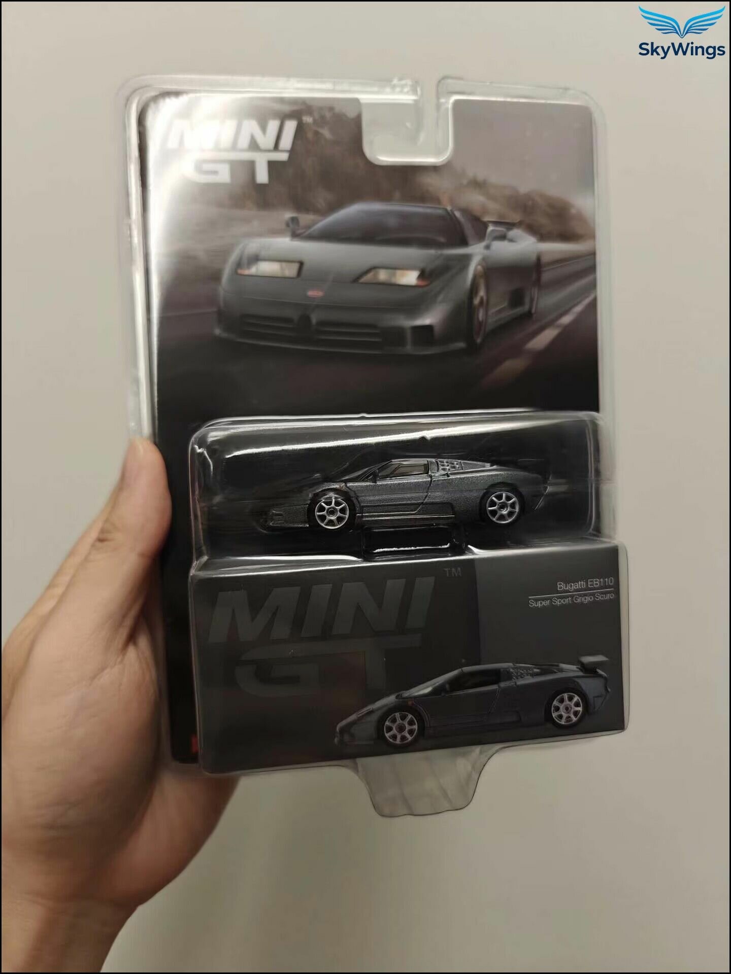 Эксклюзивная коллекционная модель Buqatti EB110 Super Sport в масштабе 1:64 от MINI GT, MG1002BL, выполнена из сплава с упаковкой блистер, Grigio Scuro, для подарка детям