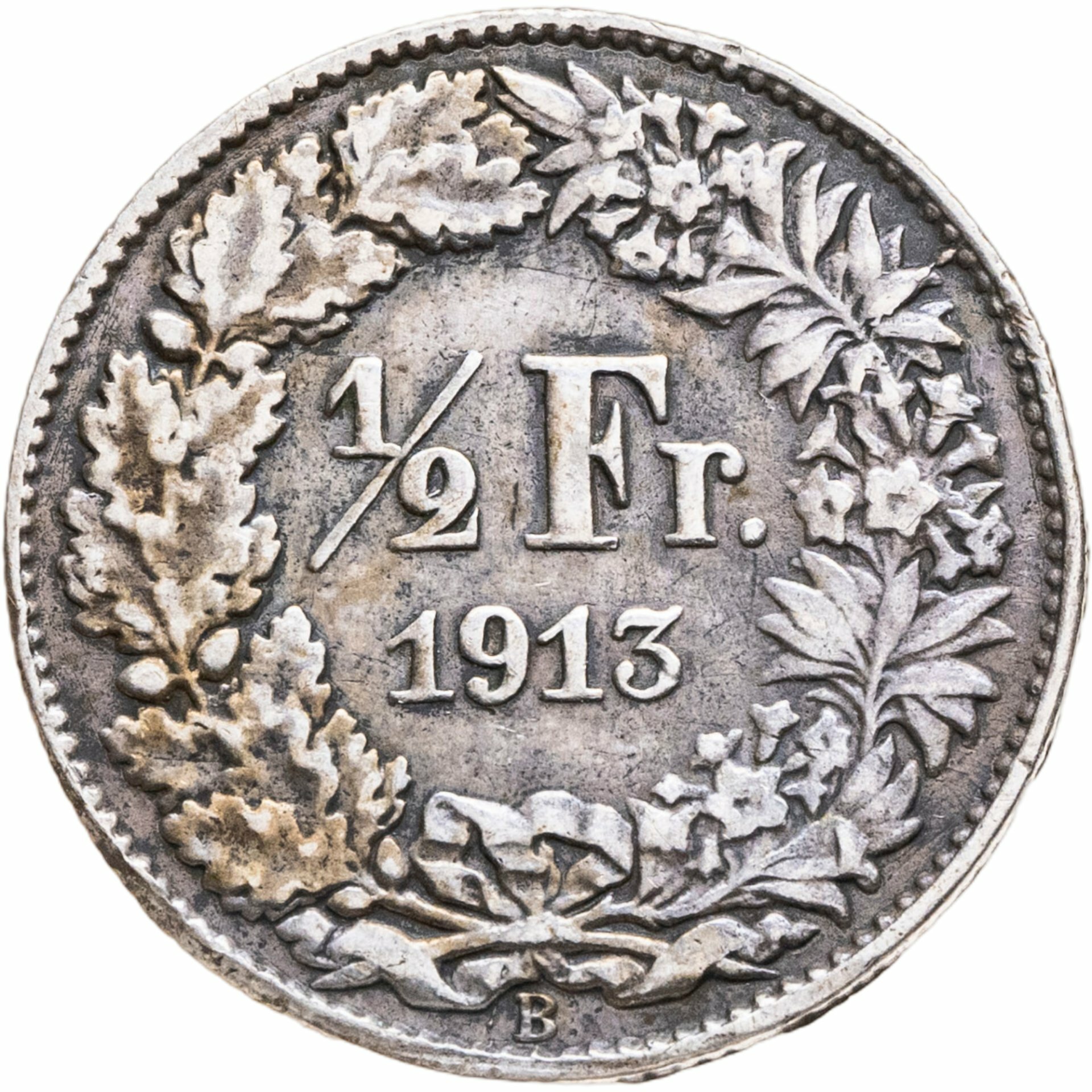 Швейцария 1/2 франка franc 1913, Серебро 835, в сохранности VF