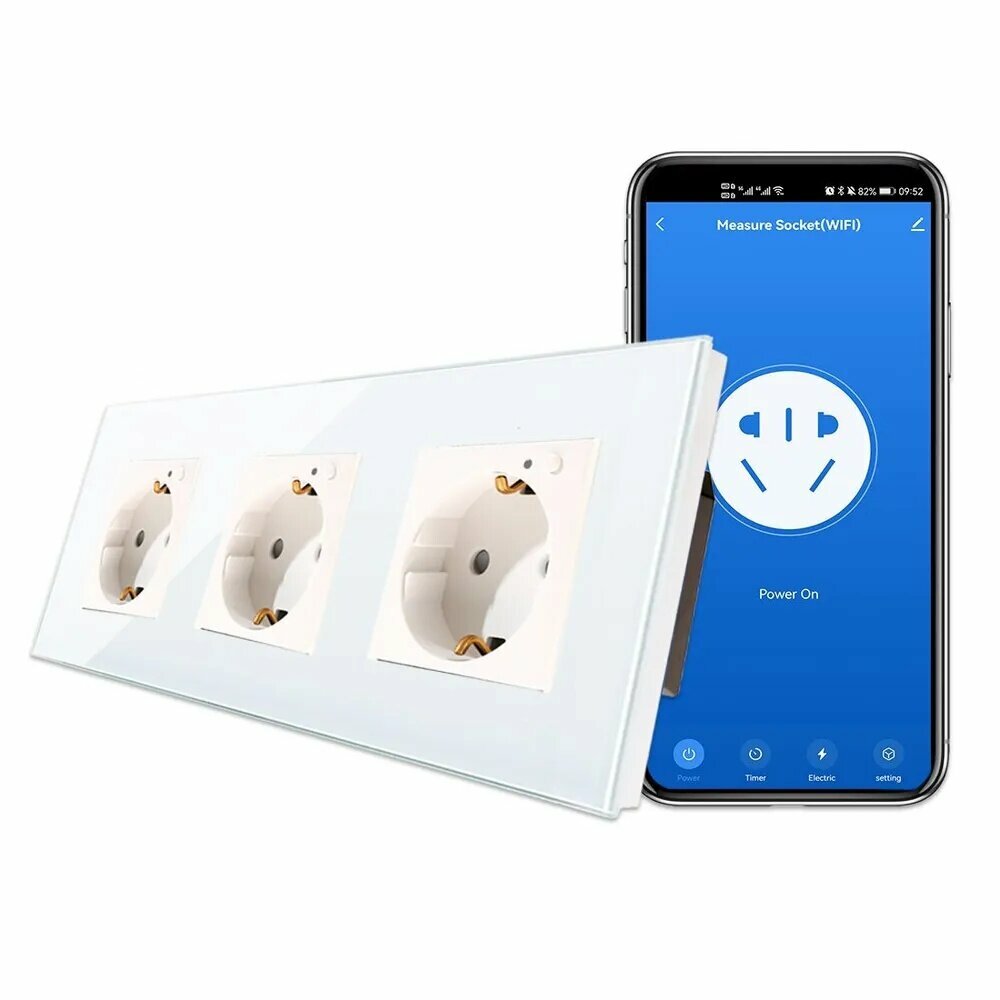Умная WiFi встроенная розетка с Алисой Tuya, Smart Life, 3 пост, с таймером стеклянная Белый , с голосовым управлением