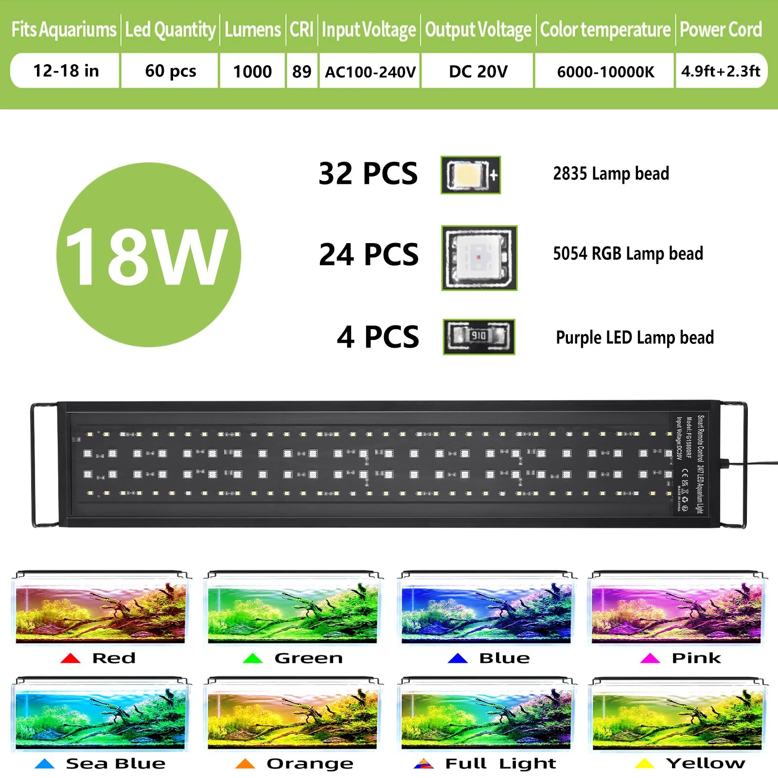 Светодиодный светильник для аквариума Leewince 18W, 12-18in, EU Plug