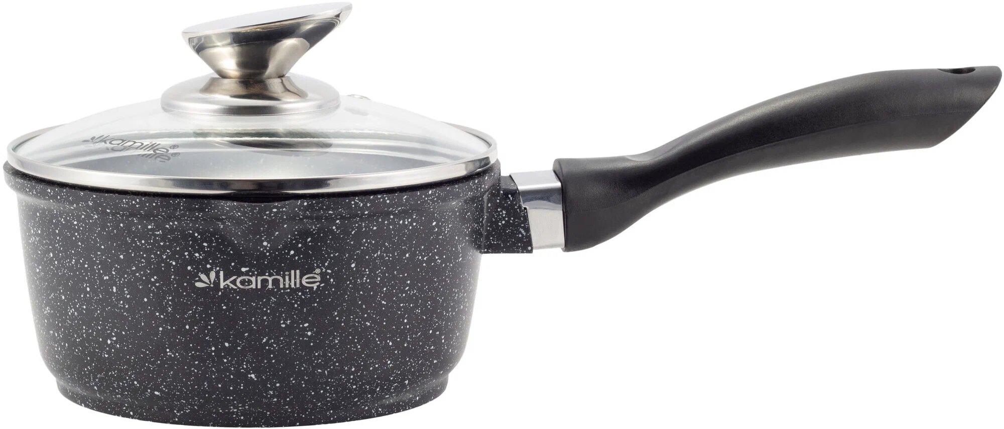 Ковш с крышкой 1,35 л. из литого алюминия Kamille KM-4436 с мраморным покрытием (черный)