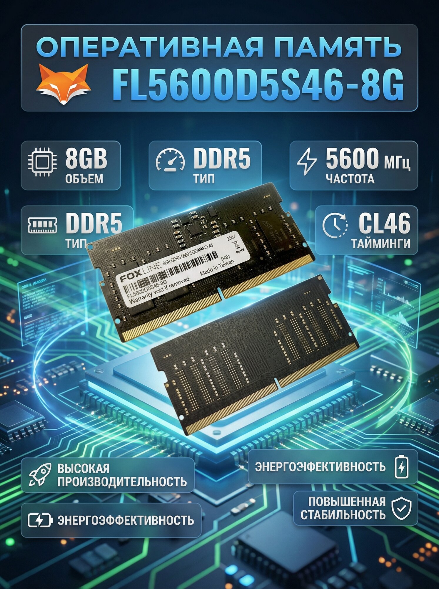 Оперативная память Foxline SODIMM 8ГБ DDR5, 5600 МГц, CL 46, FL5600D5S46-8G FL5600D5S46-8G