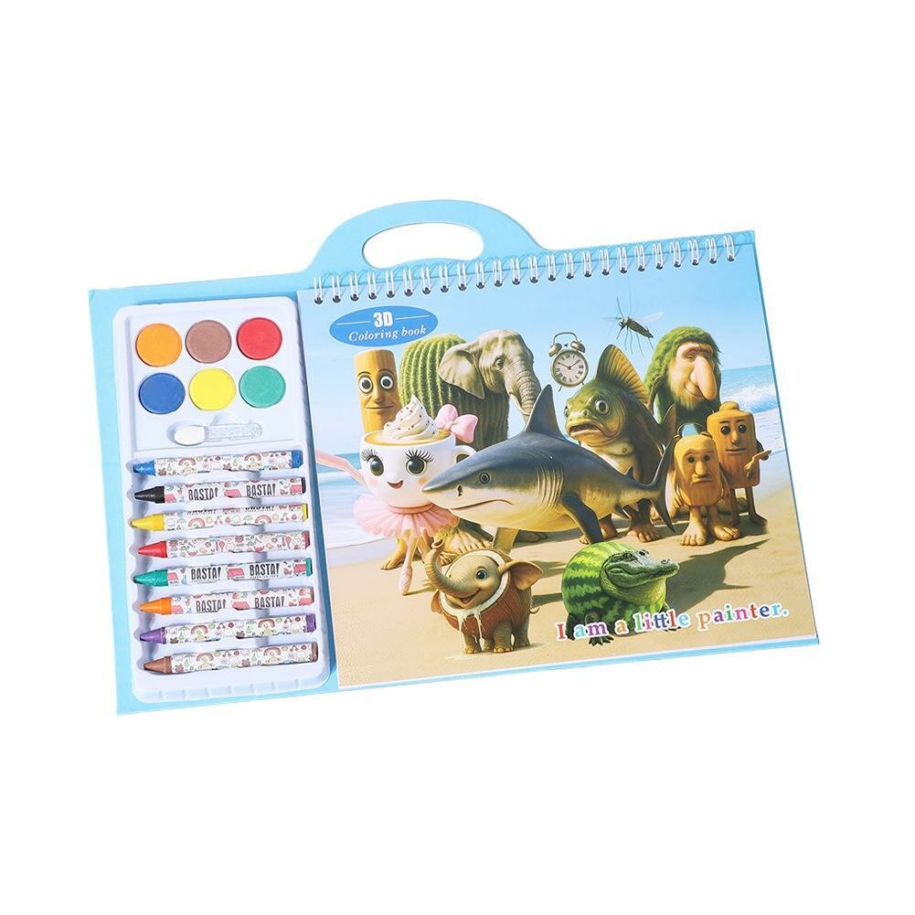 Детский набор для раскрашивания включает в себя раскраску, цветные карандаши и акварельные краски.
