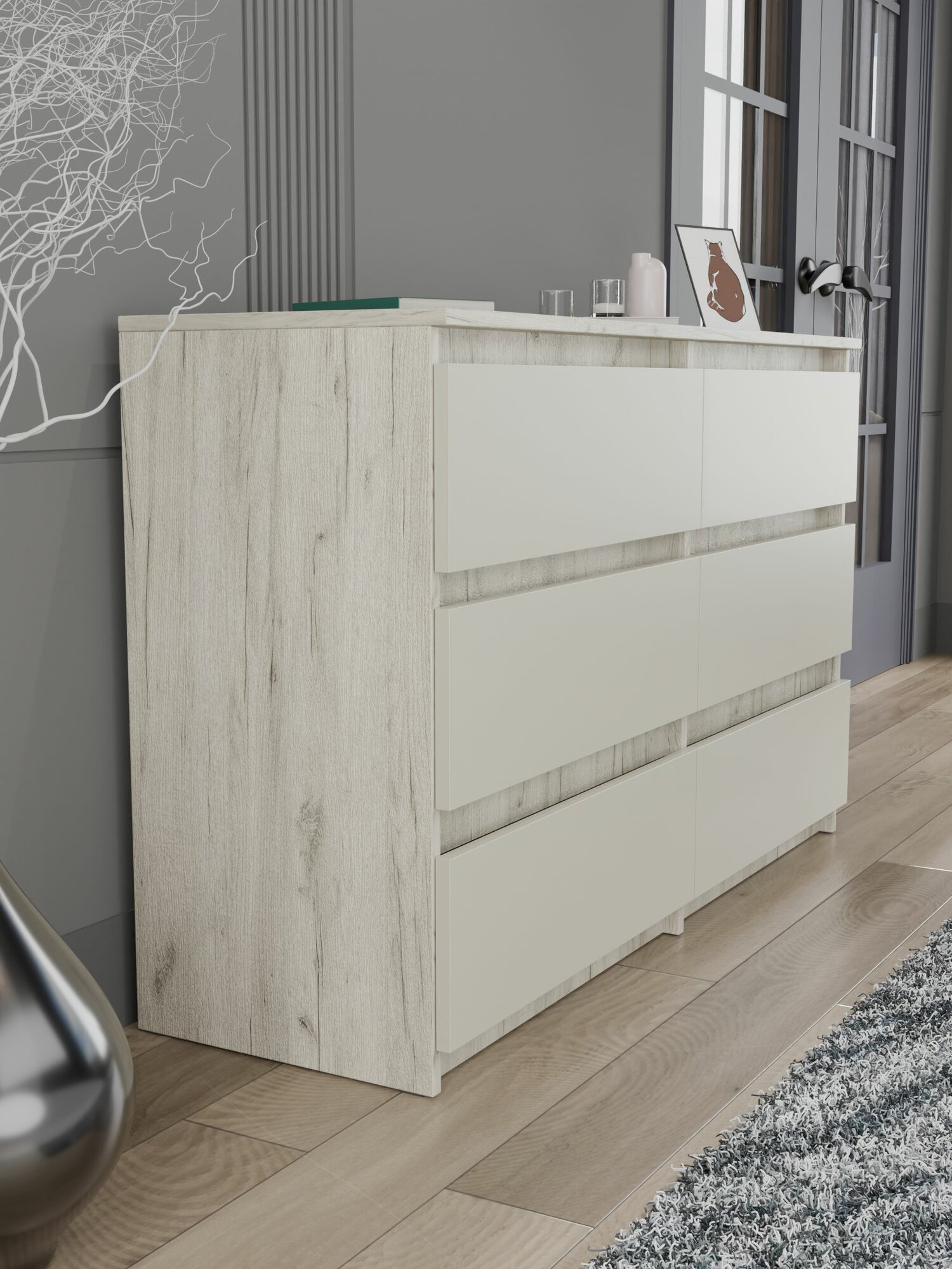 Комод для белья и одежды орлан 6 ящиков, 120х76.4х40 см, дуб крафт белый-бежевый