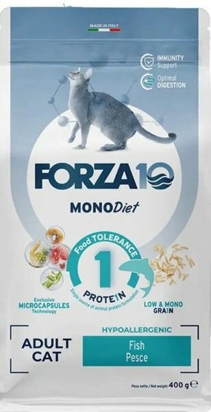Forza10 MonoDiet Pesce сухой монобелковый корм для взрослых кошек при аллергии и повышенной чувствительности к животным белкам из океанической рыбы 400гр.
