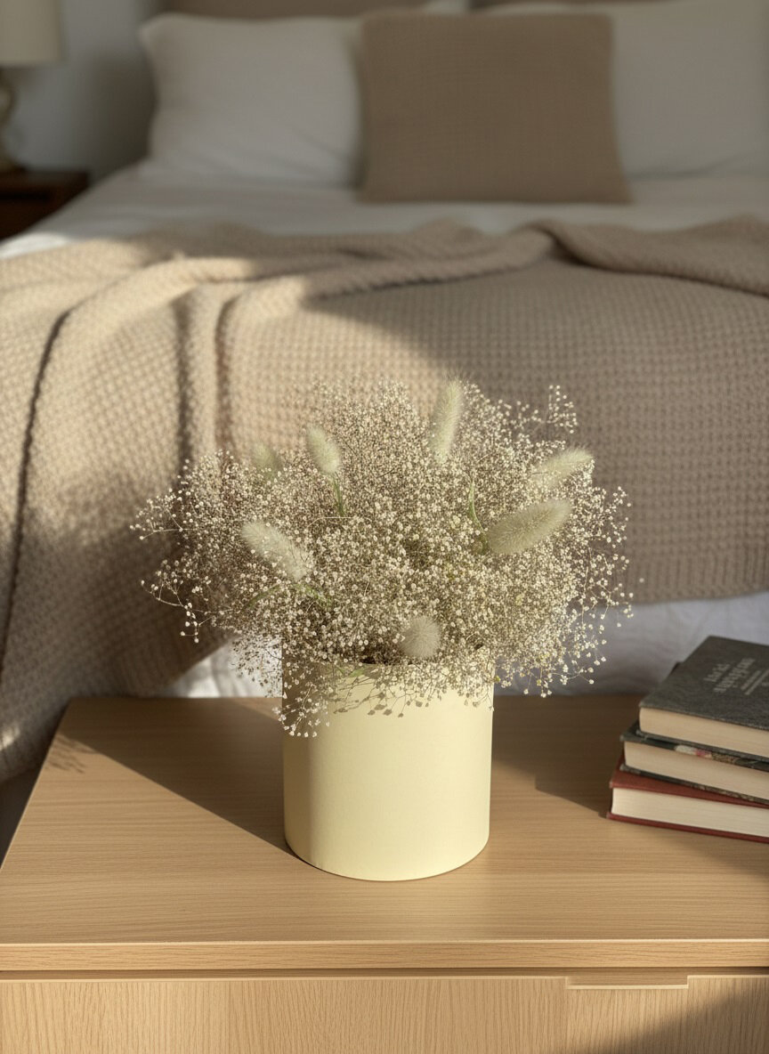 Композиция из сухоцветов гипсофила и лагурус в бежевой шляпной коробке, натуральные цветы для интерьера