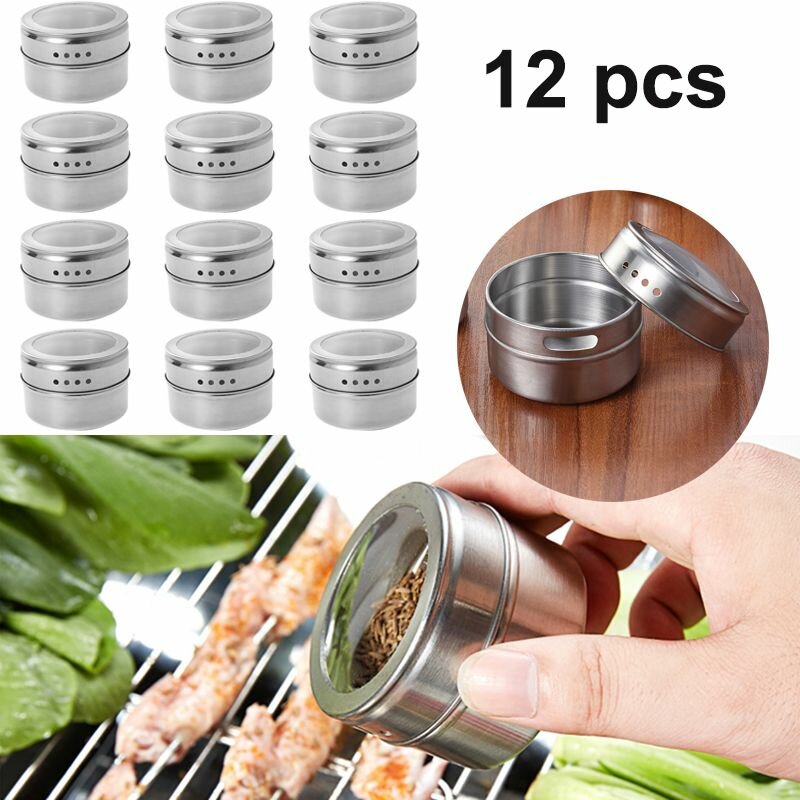 Стальные магнитные банки для специй с прозрачной крышкой, набор из 12 штук для хранения