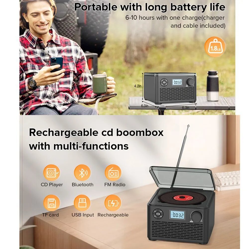 Портативный CD-плеер с FM-радио и Bluetooth, USB/TF-карта, воспроизведение CD/MP3 — фото 1