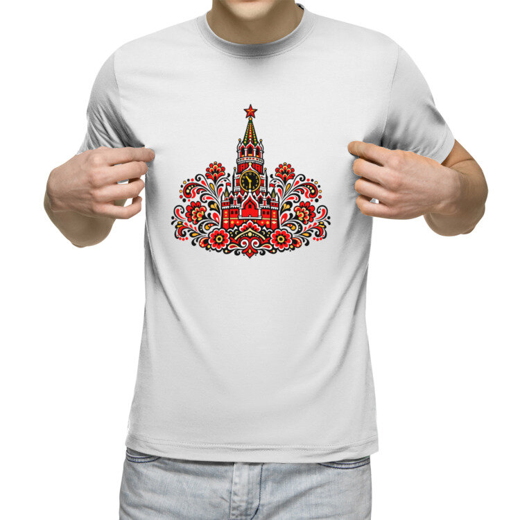 Мужская футболка «Русская хохлома - Спасская башня узор» (белый, XL)