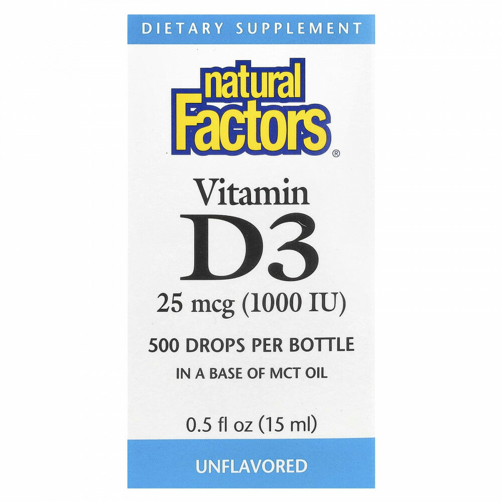 Natural Factors, Витамин D3 в каплях, без ароматизаторов, 25 мкг (1000 МЕ), 15 мл (0,5 жидкой унции)
