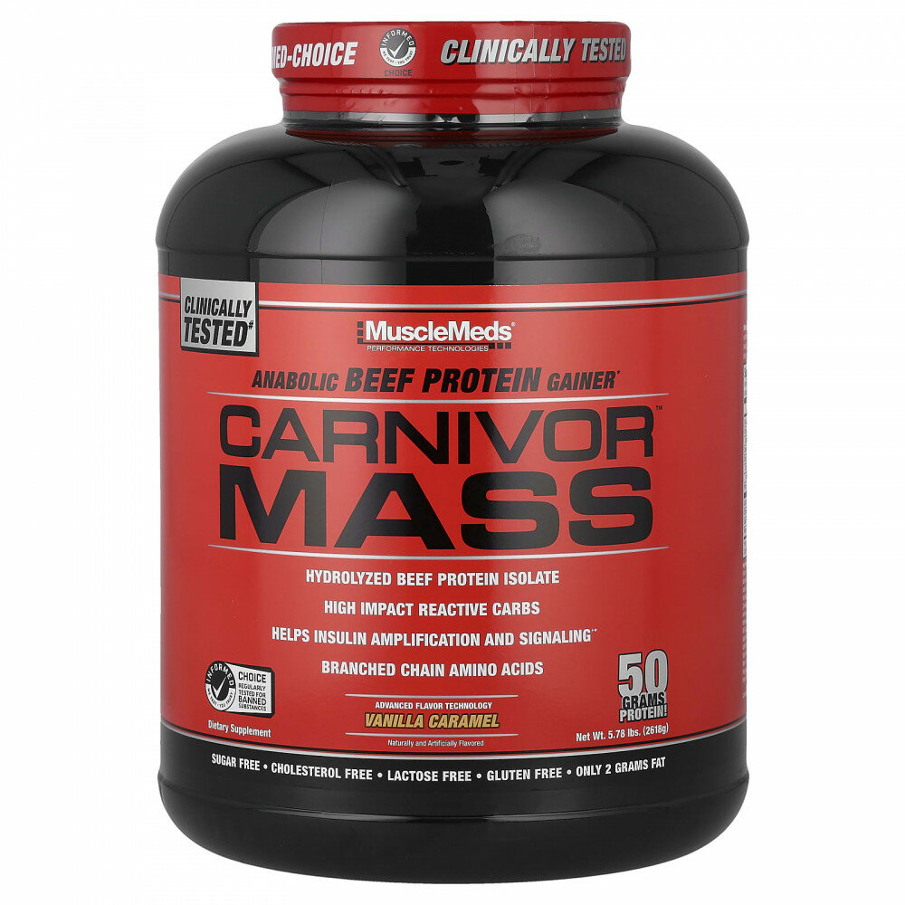 MuscleMeds, Carnivor™ Mass, анаболический гейнер с говяжьим протеином, ваниль и карамель, 2618 г (5,78 фунта)