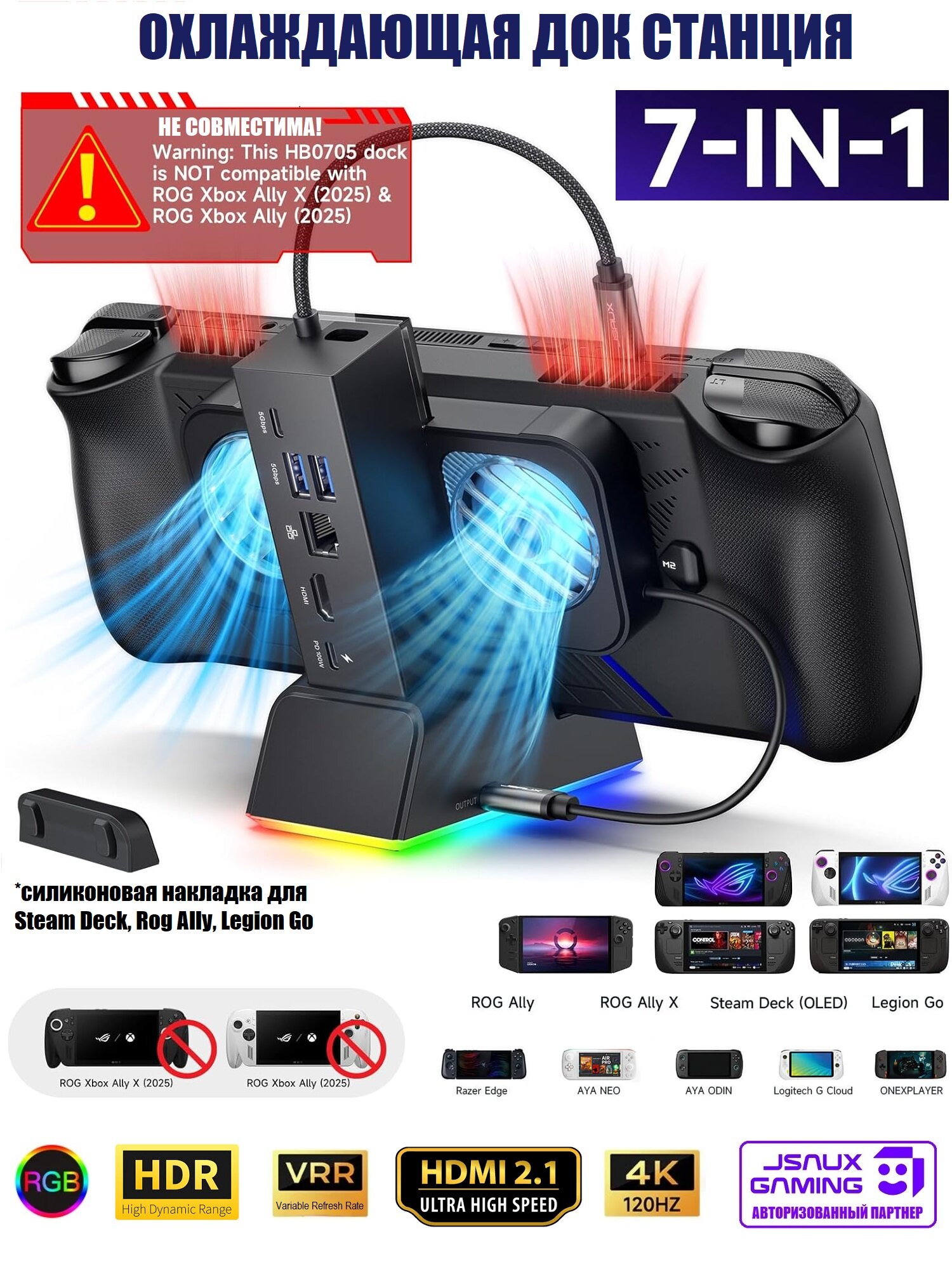 Док-станция JSAUX HB0705 c охлаждением 7 в 1 HDMI 4K, PD 100W, USB-C, 2 x USB-A для ROG Ally / X, Steam Deck, Legion Go