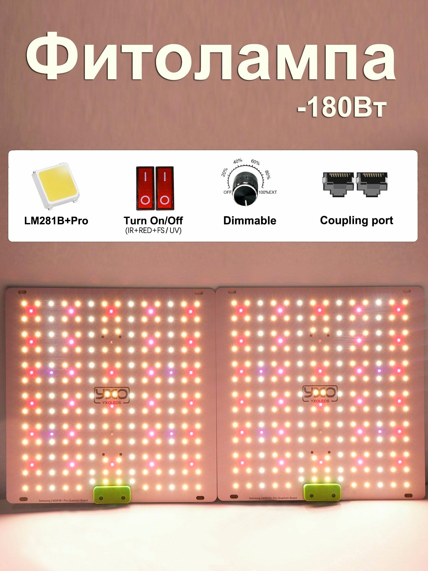 Светодиодная фитолампа полного спектра для рассады, микрозелени, Samsung lm281B+Pro 3000K 5000К 660nm,730nm 180Вт