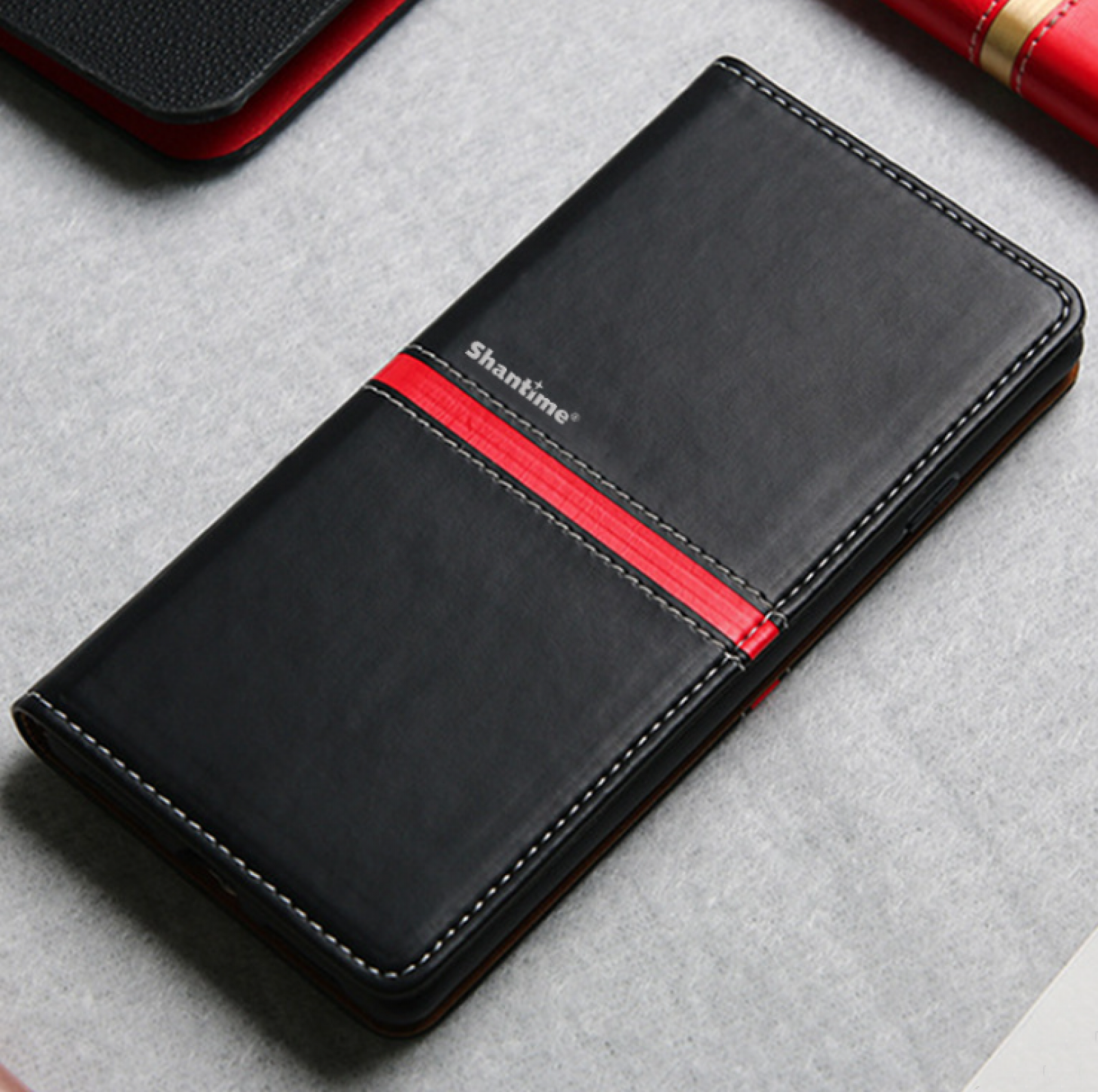 Чехол-книжка MyPads для iPhone 4/4S из водоотталкивающей эко-кожи на металлической основе черный с красной полосой