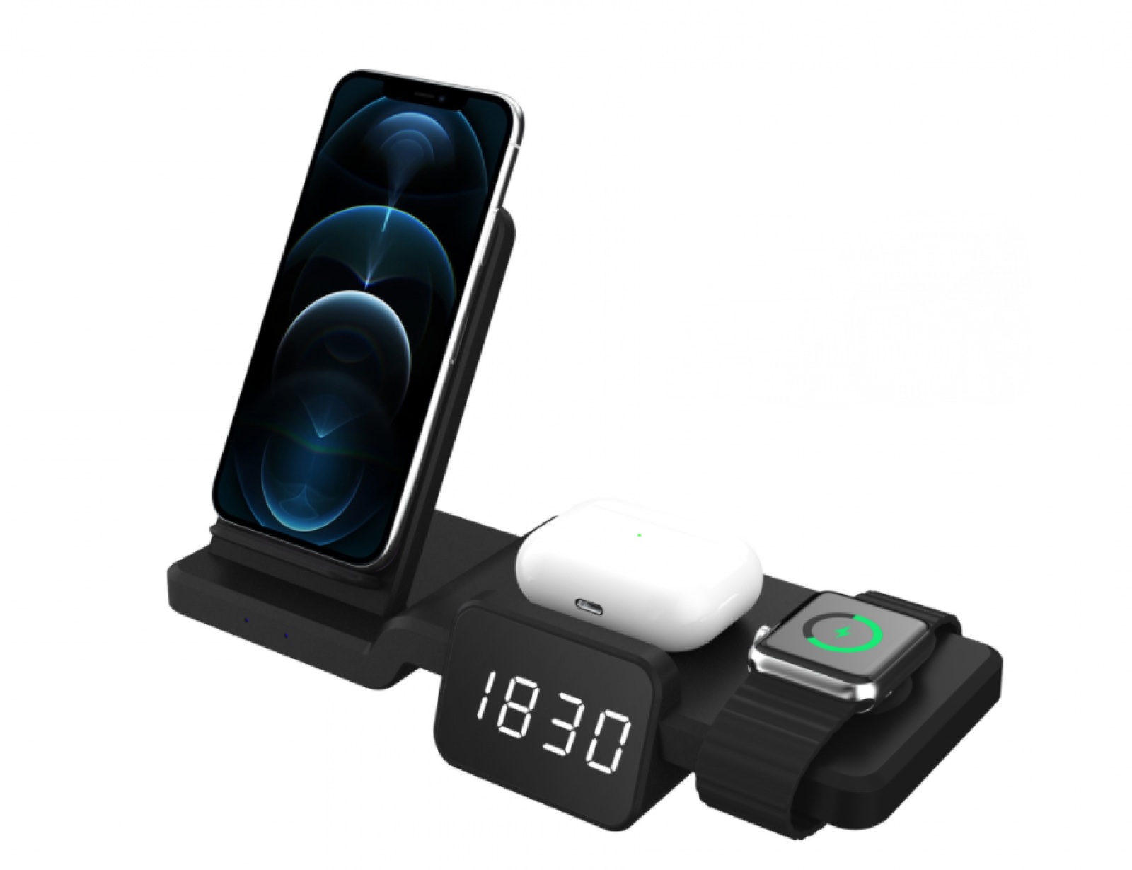 Беспроводное зарядное устройство 4 в 1 MyPads A158-071 с крупными часами и мощностью 15W для iPhone и Apple Watch