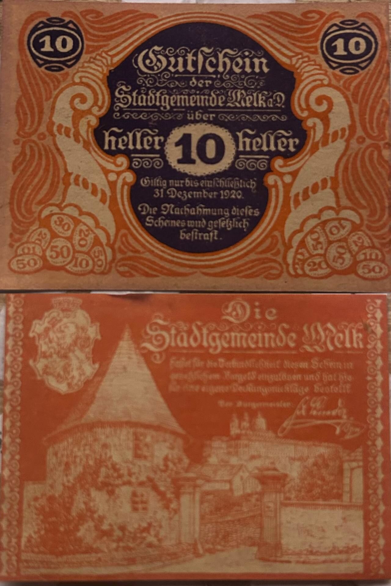 Австрия 10 геллеров 1920 Мельк aUNC