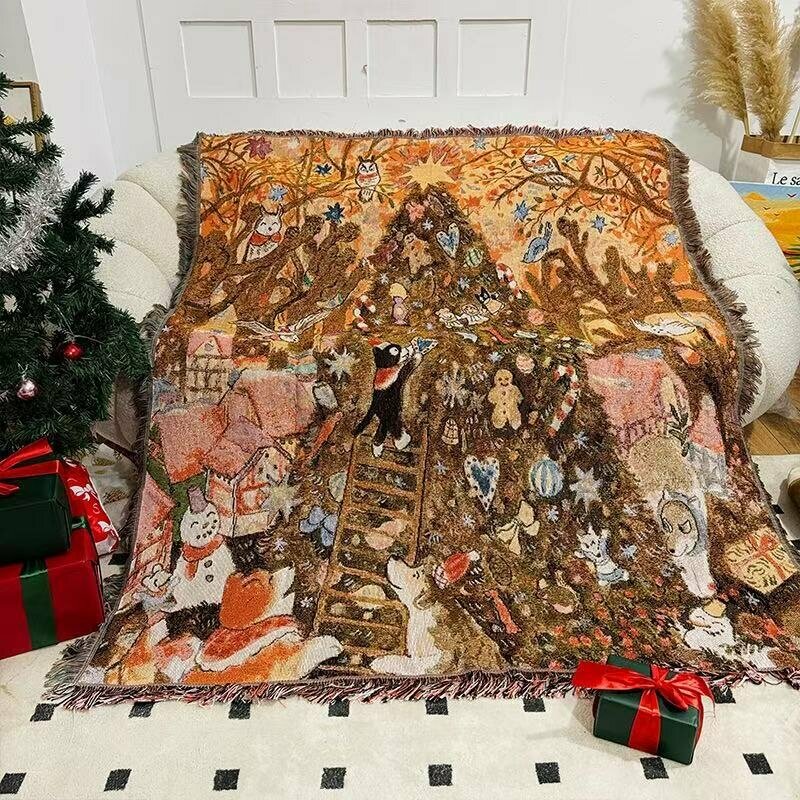 Американский ретро мультяшный плед для дивана, хлопковый плед, теплый, рождественский, одеяло，1.3 x 1.6 м，лес