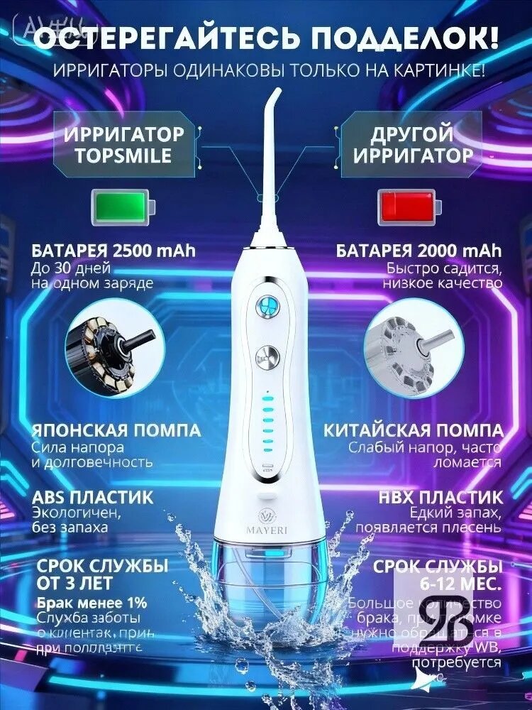 Mayeri Ирригатор для полости рта портативный, 60 дней без подзарядки, 300 мл резервуар, 8 насадок — фото 1
