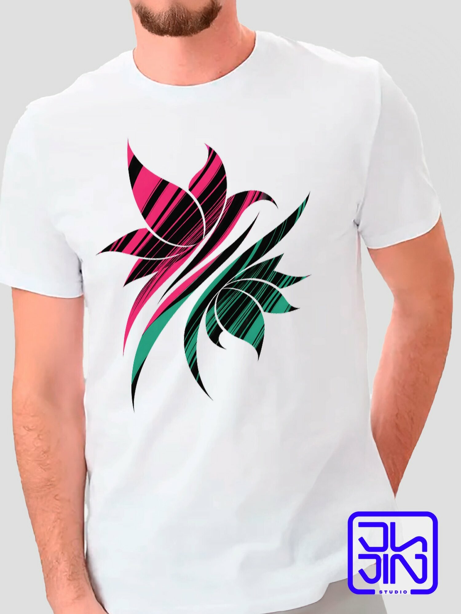 Футболка классическая мужская с авторским принтом Абстрактный выразительный цветок с черно-розовыми и черно-зелеными лепестками, белый хлопковый трикотаж с прикольным рисунком на груди