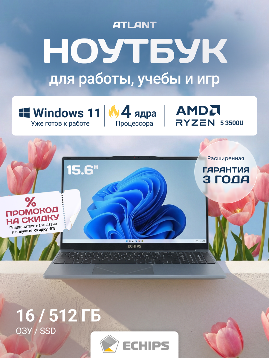 15.6" Ноутбук ECHIPS Atlant, AMD Ryzen 5 3500U, RAM 16 ГБ, SSD 512 ГБ, IPS Full HD 1920x1080, Windows 11 Home