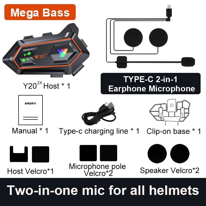 Y20 2X мотоциклетный шлем, гарнитура для внутренней связи, Bluetooth 5,0, беспроводные 2 in 1 Mic