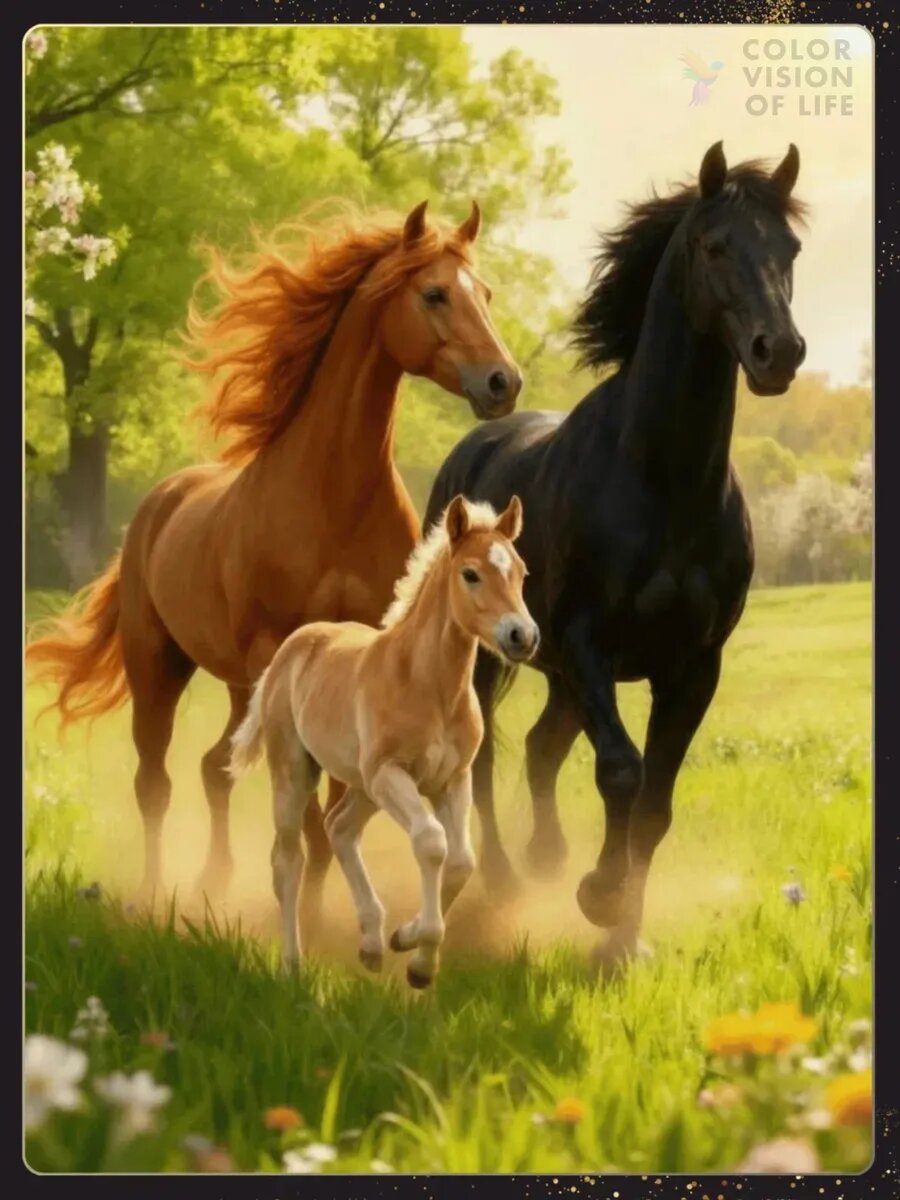 Мозаика алмазная COLOR VISION OF LIFE "Семья лошадей", 40x50, 40 цветов, круглая форма страз
