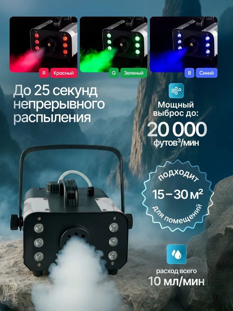 Генератор дыма Glosster S-900LED ДУ 900 Вт с 6 RGB LED лампами и дистанционным управлением — фото 1