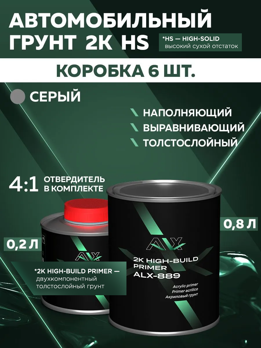 Грунтовка для автомобиля 2к 4+1 серая 0,8л + 0,2л (коробка 6 комплектов), акриловая выравнивающая / ALX