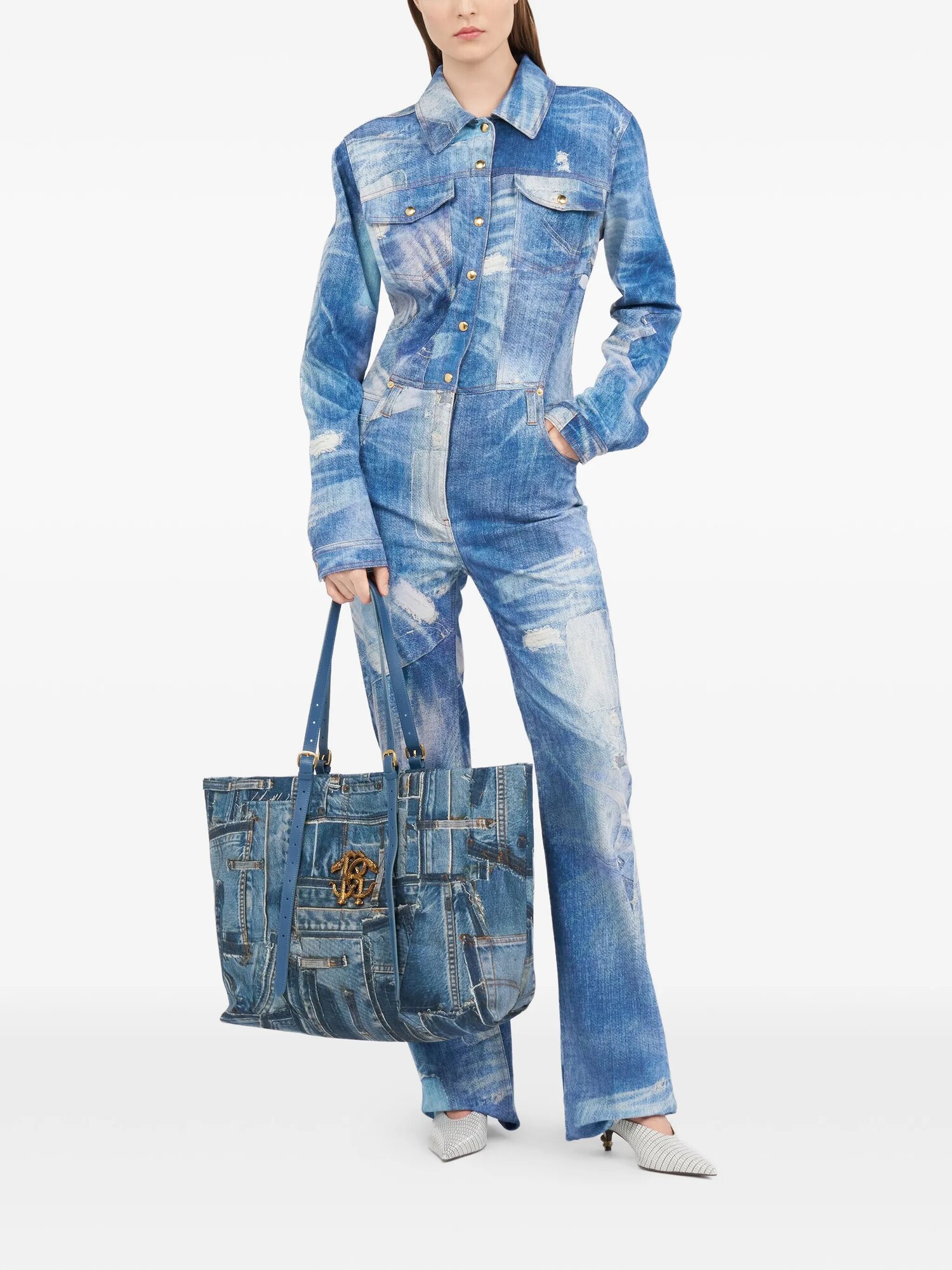 Комбинезон Roberto Cavalli Patchwork-effect denim jumpsuit, размер 46, синий — фото 1