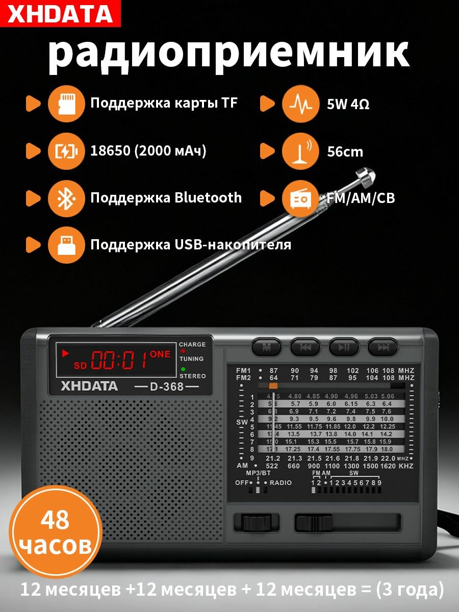 XHDATA Магнитола D-368 Black, 5 Вт, оливковый, черный матовый