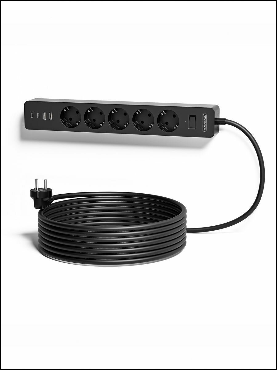 Сетевой фильтр с выключателем NTONPOWER GPC Удлинитель сетевой, 5розетки 2USB-А 2USB-С, 3 м удлинитель, Множественная защита безопасности, черный