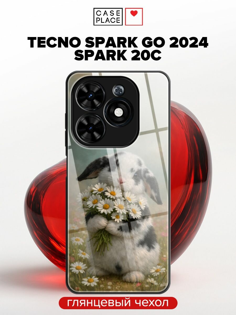 Чехол на Tecno Spark Go 2024/Spark 20C / Текно Спарк Го 2024/Спарк 20С с принтом "Кролик с букетом ромашек"