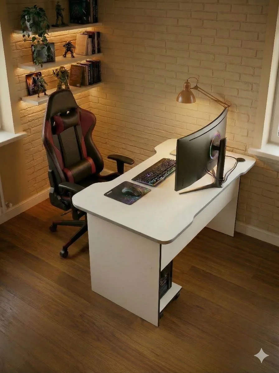 Cтол геймера, игровой, компьютерный. белый лдсп/серый кант,110 см