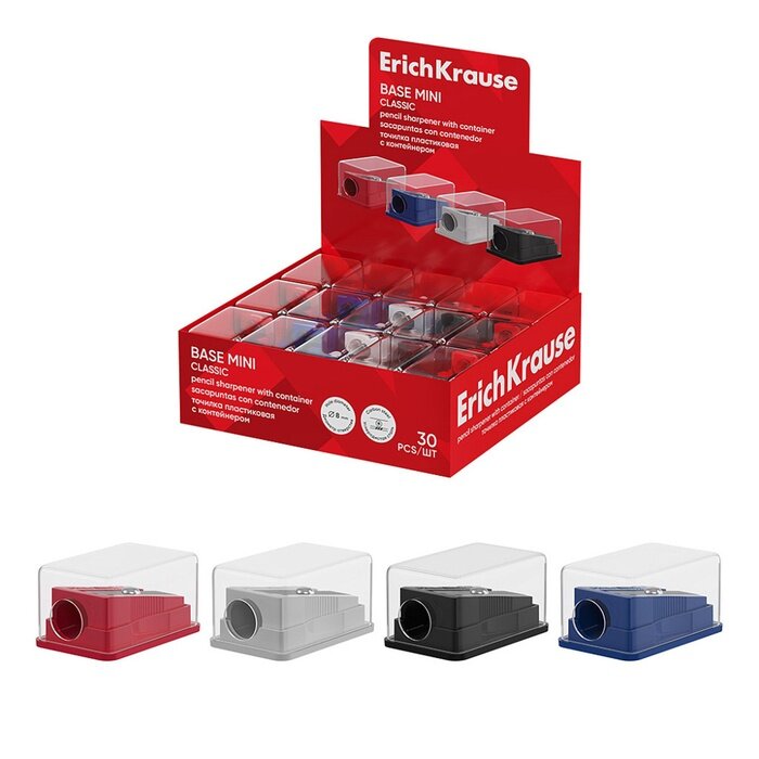 Точилка ErichKrause Base Mini Classic, 1 отверстие, с контейнером, микс