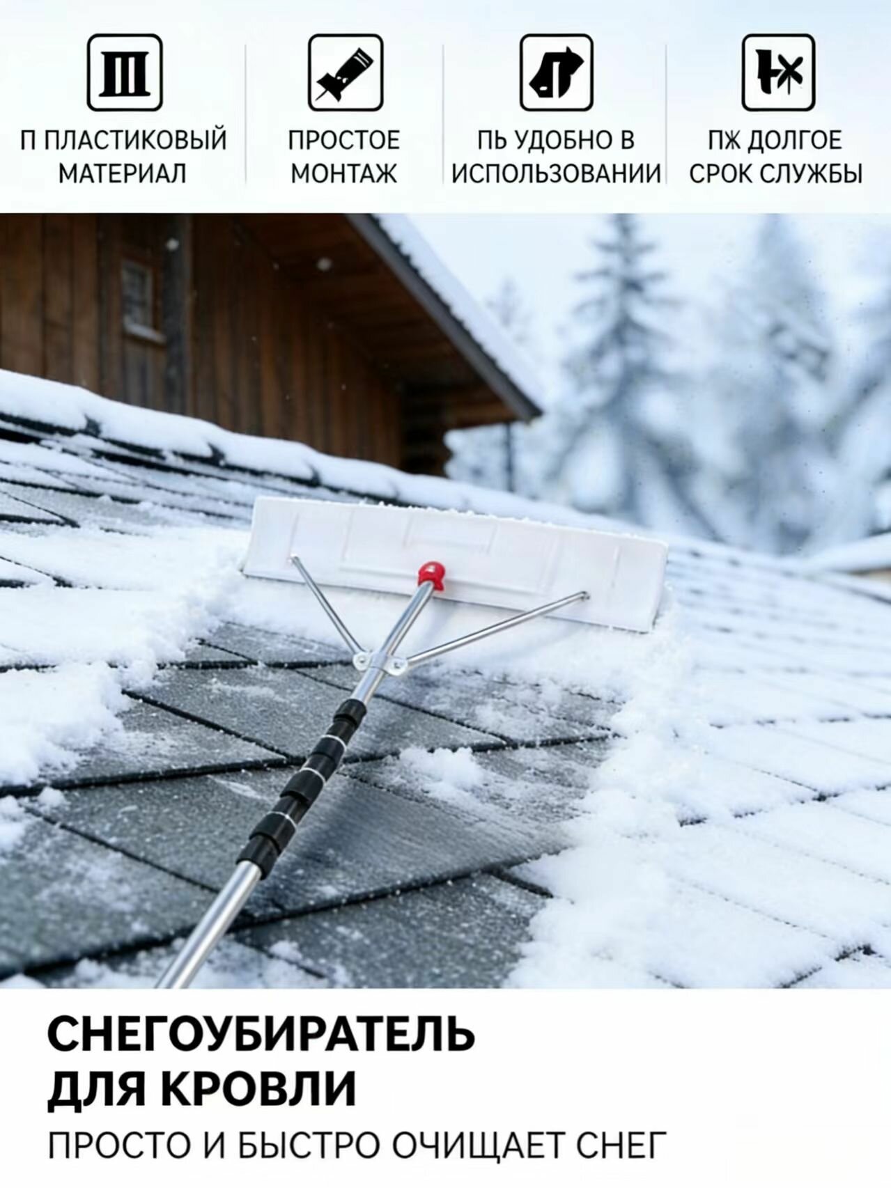Скрепер-скребок для уборки снега с крыши, Беркут, с телескопической ручкой до 4.5 метров.