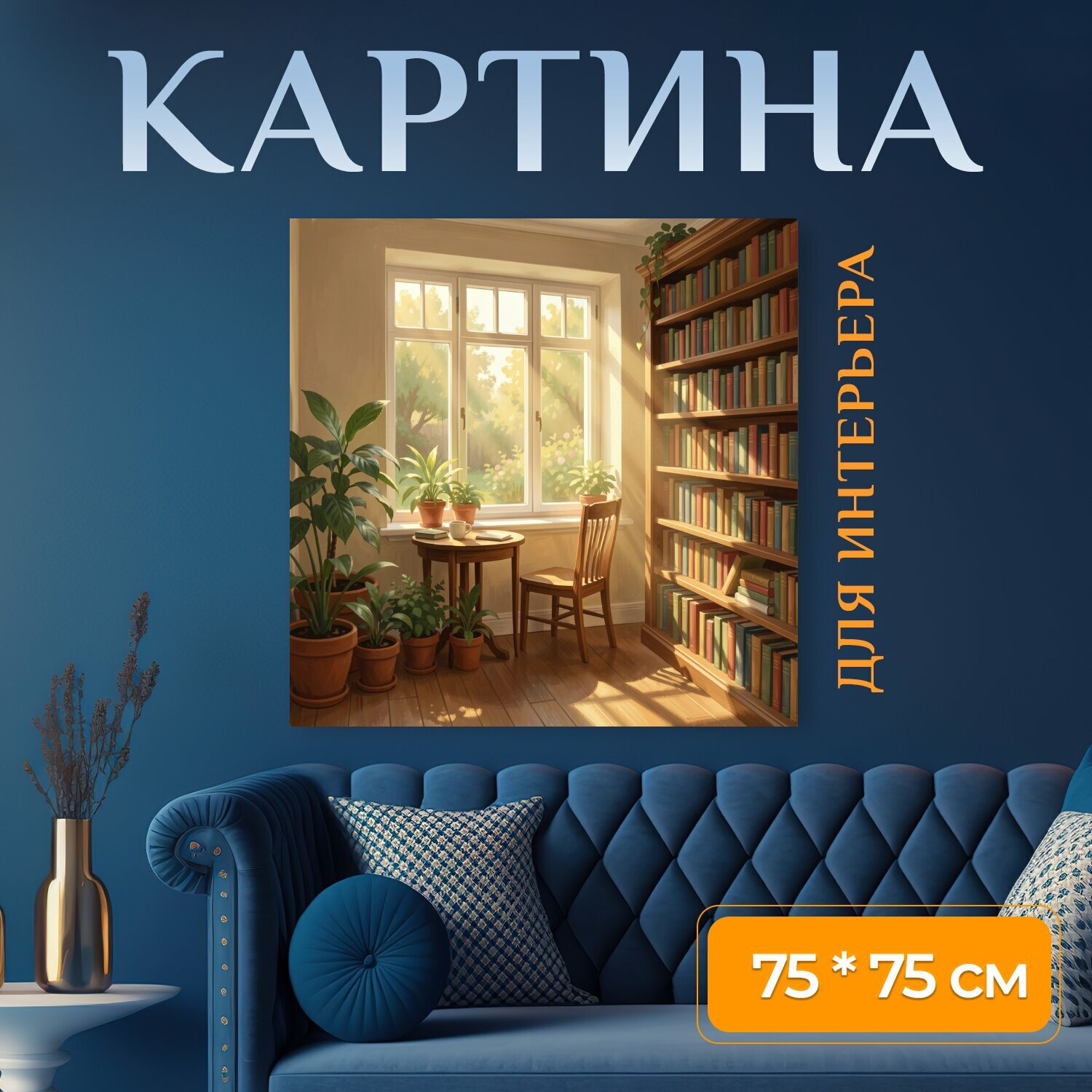 Картина на холсте "Уютная библиотека у окна. Светлая домашняя комната в теплых бежевых тонах, солнечные лучи через большое окно, книжные полки." на подрамнике 75х75 см. для интерьера